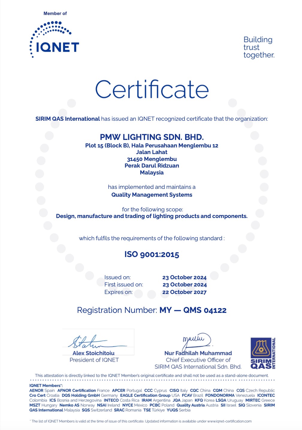 MyHijau LED Street Light Certification - PMW Lighting Sdn. Bhd.