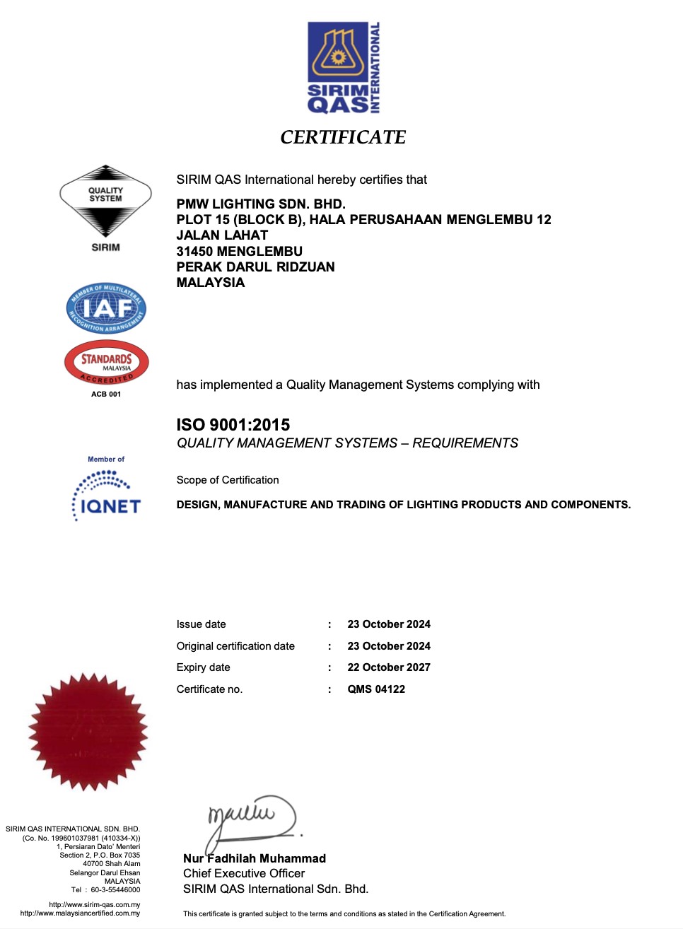 MyHijau LED Street Light Certification - PMW Lighting Sdn. Bhd.